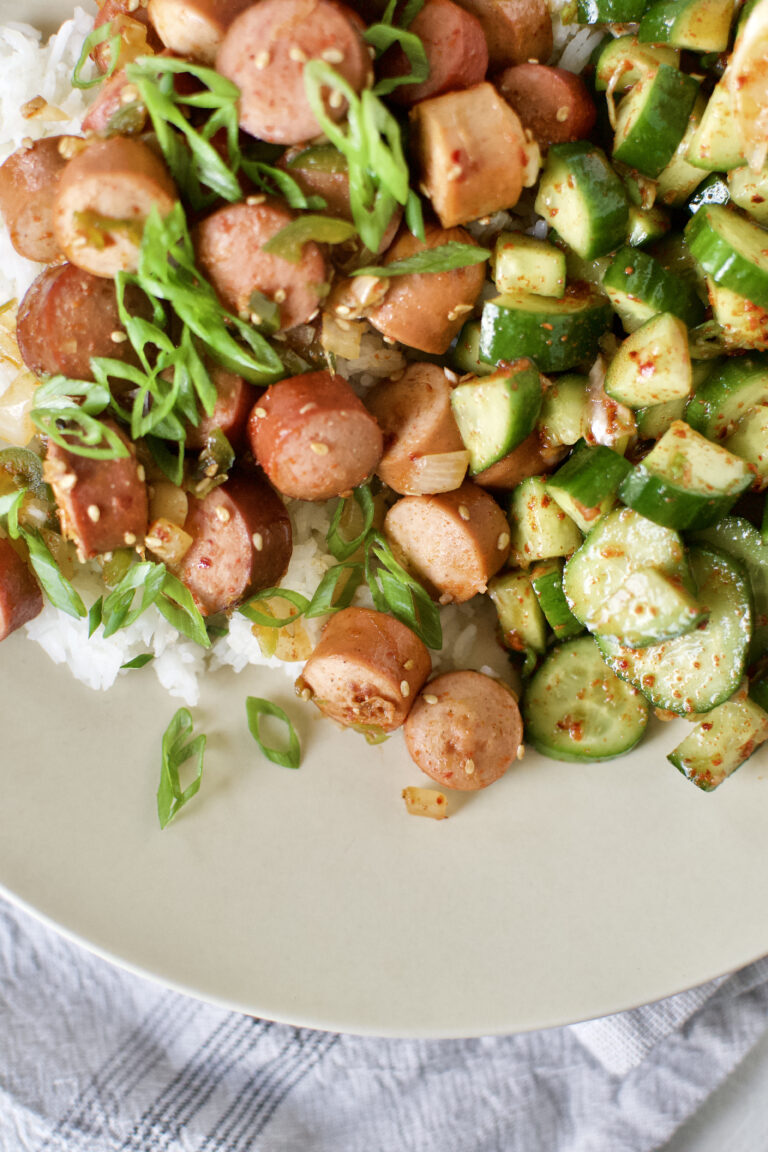 Hot Dogs and Rice with Cucumber Kimchi Salad - KendellKreations